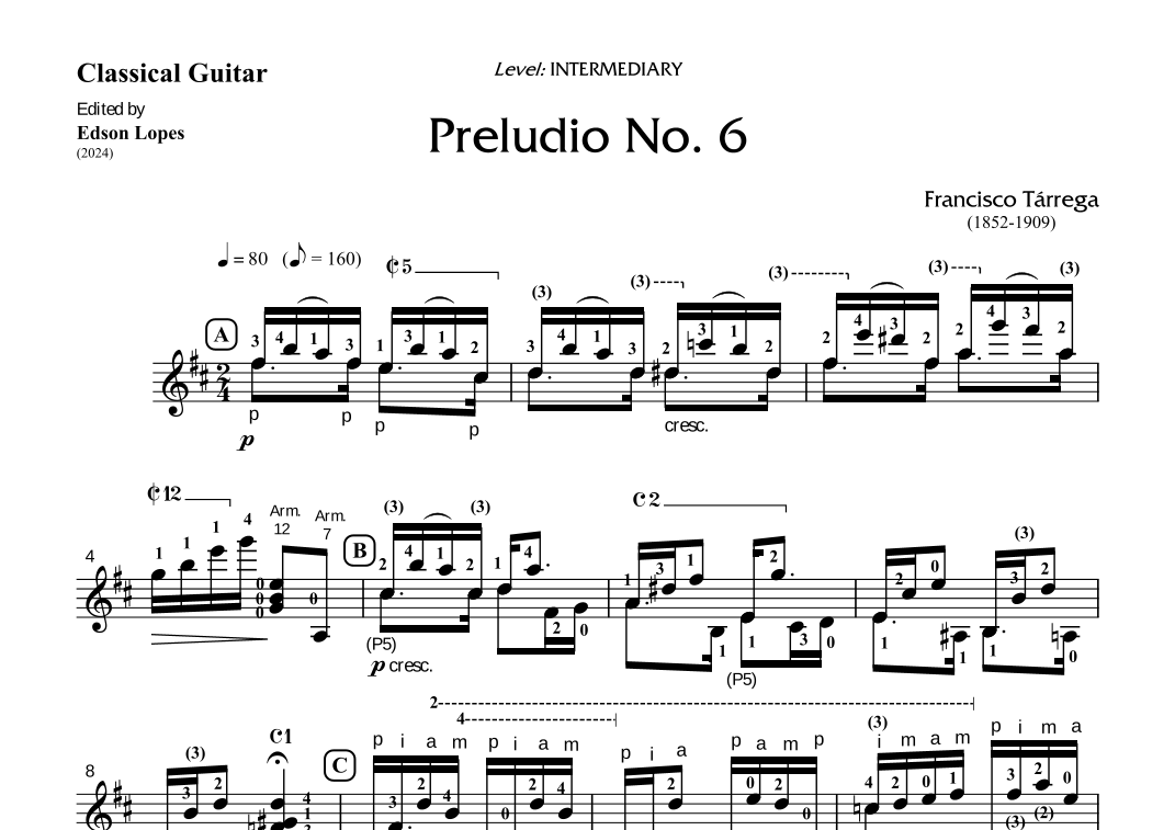 Preludio No. 6 (arr. Edson Lopes) by Francisco Tárrega Sheet Music for ...