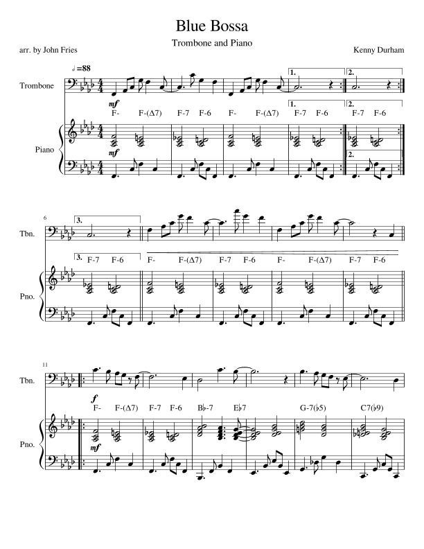 Blue Bossa (arr. John Fries) by Szymon Wysocki Sheet Music for Trombone ...