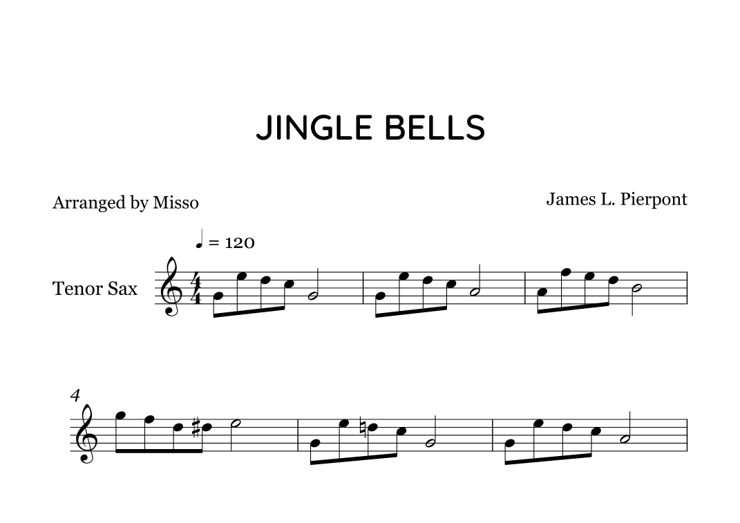 Jingle Bells - Tenor Sax in Bb Major - Easy (arr. MissoRB) por James L. Pierpont Partituras para ...