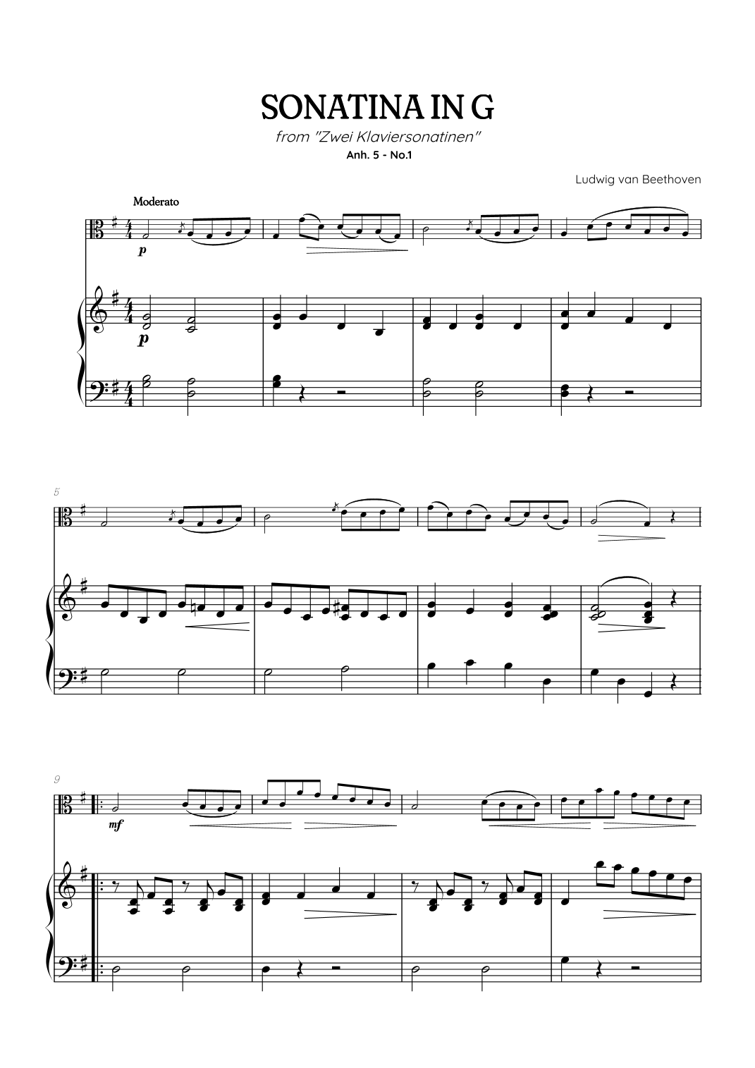 Beethoven: Sonatina in G, Anh. 5 No. 1 | viola sheet music w/ piano ...