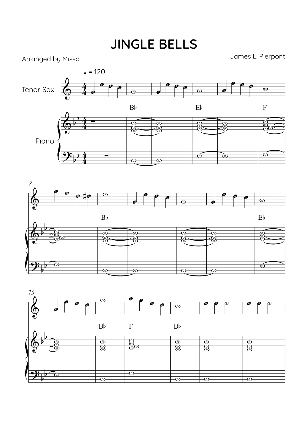 Jingle Bells - Tenor Sax & Piano in Bb Major (Beginner With Chords & Letter Names) (arr. MissoRB ...