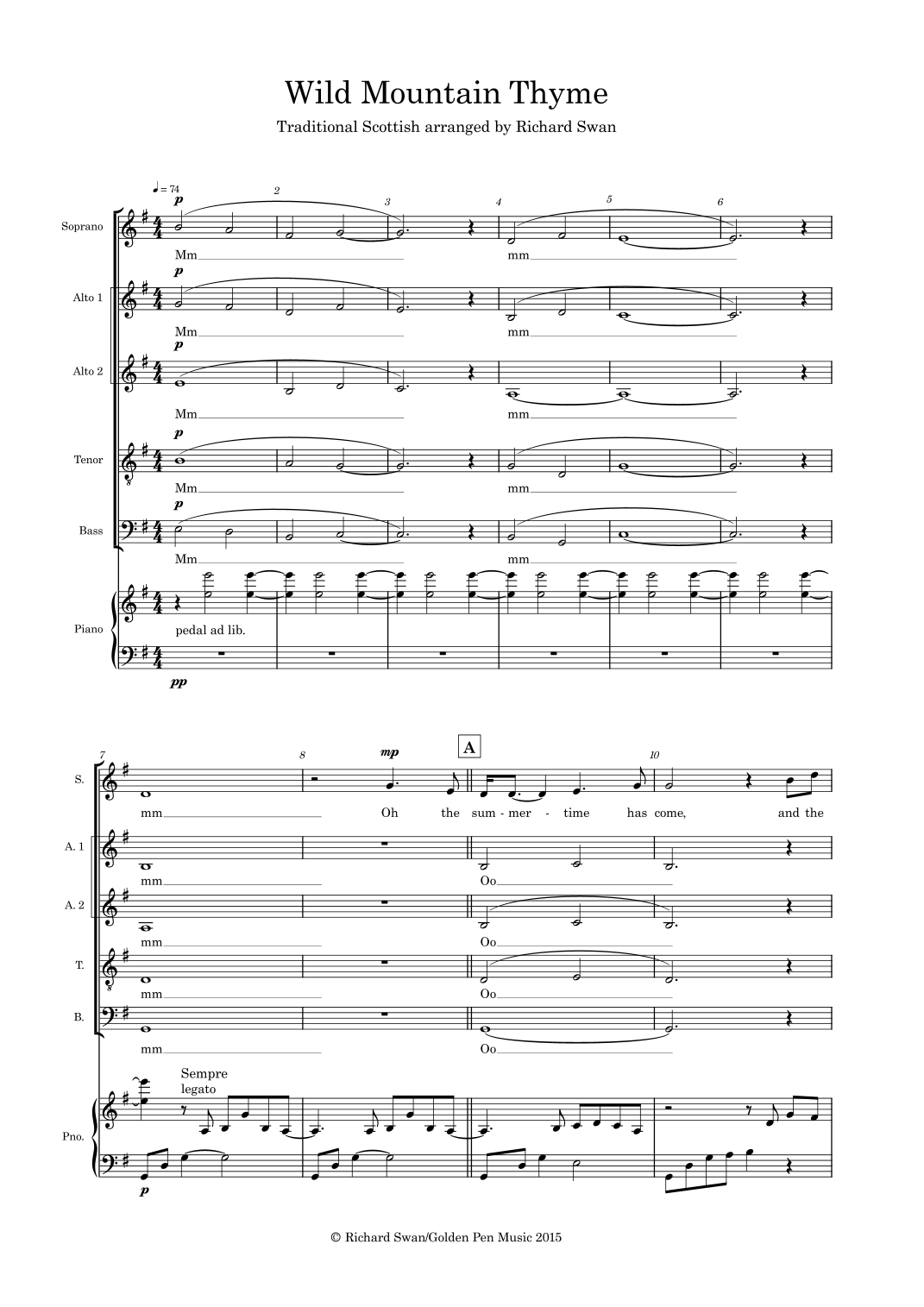Wild Mountain Thyme (arr. Richard Swan) by Traditional Scottish Sheet ...