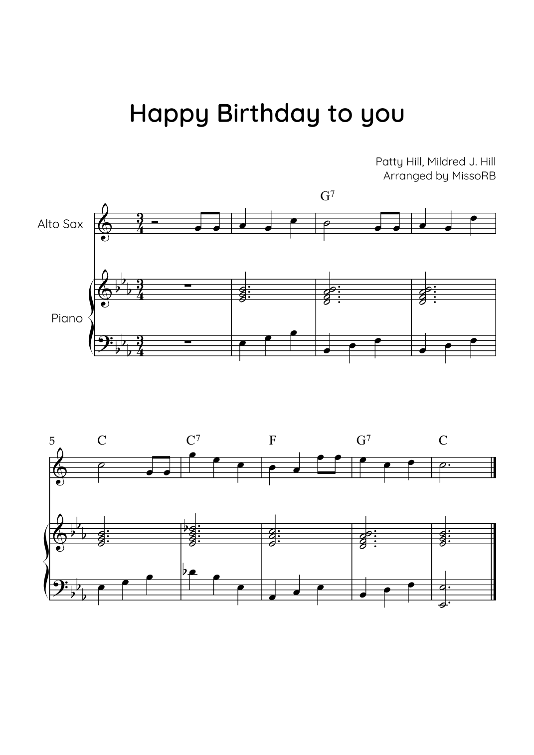 Happy Birthday to you - Alto Sax & Piano in Eb With Chords - Easy (arr ...