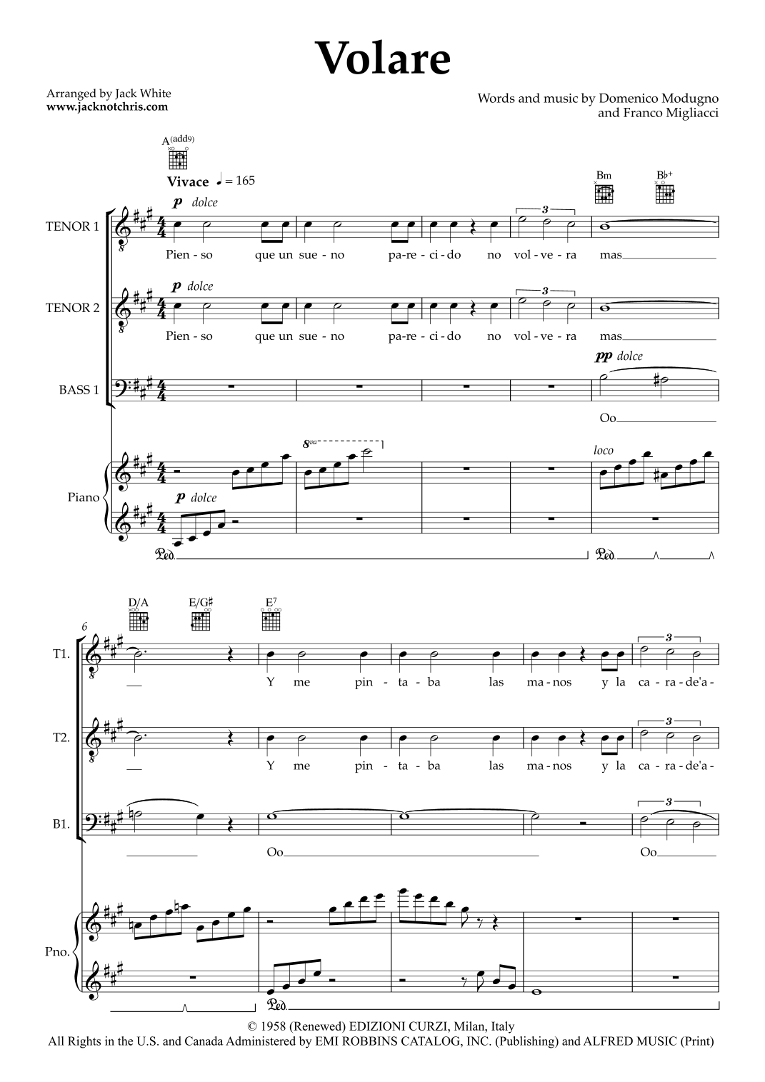 Volare (arr. Jack White) by Bobby Rydell Sheet Music for TTBB Choir at ...