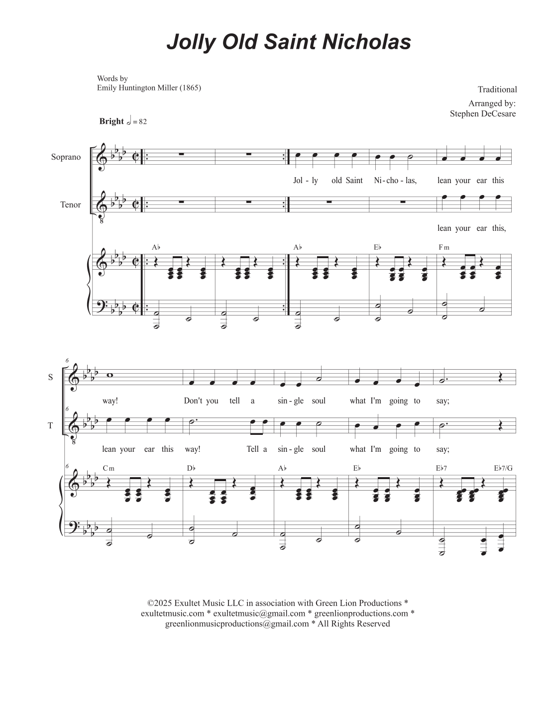 Jolly Old Saint Nicholas (2-part choir - (Soprano and Tenor) (arr ...