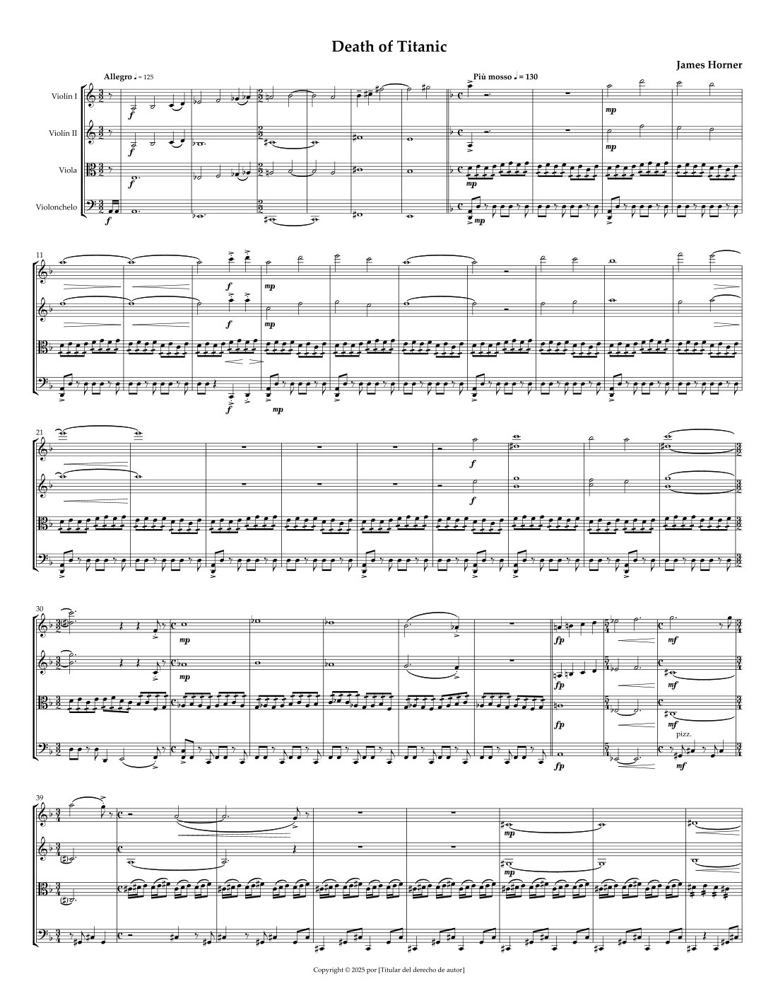Death Of Titanic (arr. Ulises Cabrera) by James Horner Sheet Music for ...