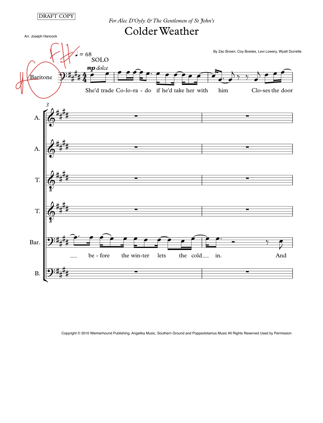 Colder Weather (arr. Joseph Hancock) by Zac Brown Band Sheet Music for ...