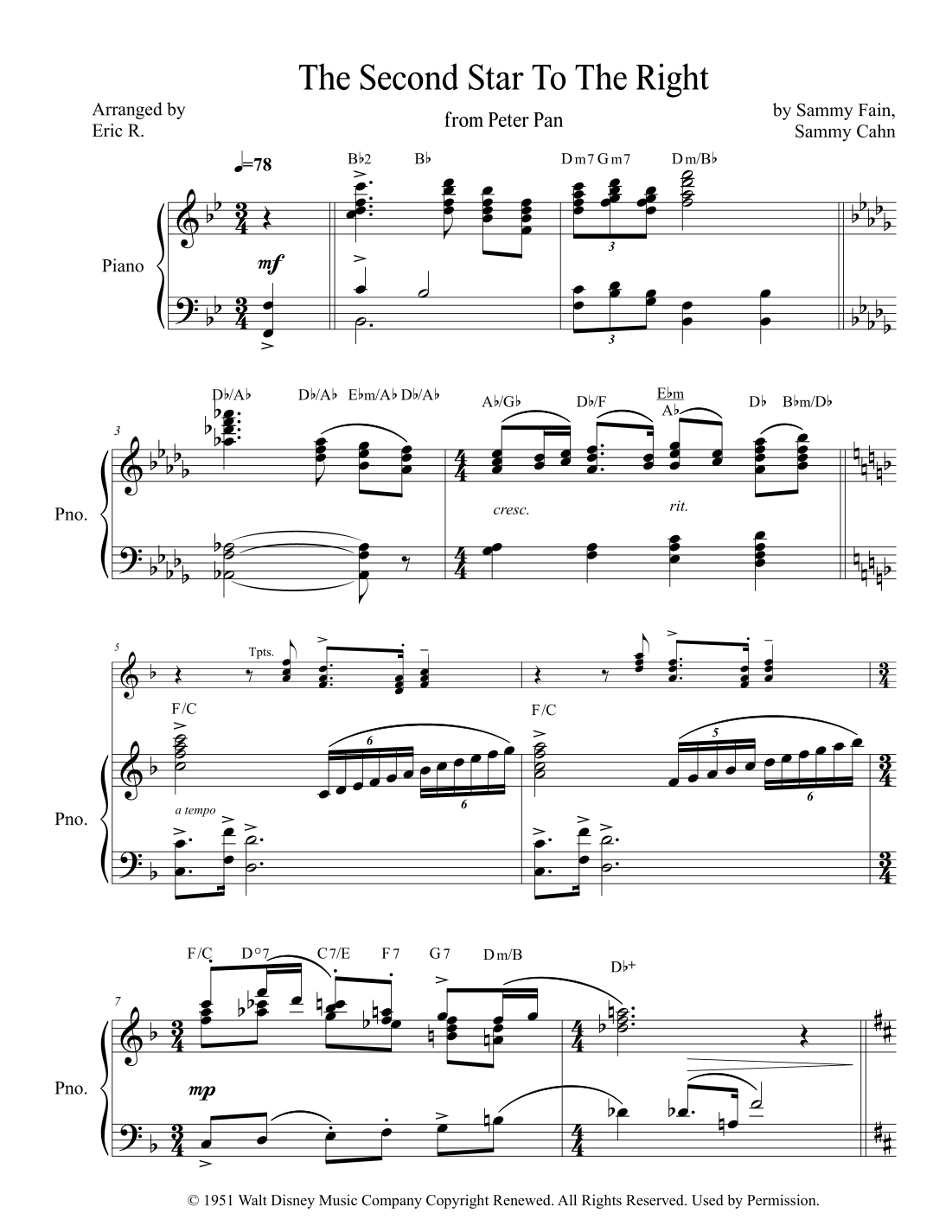 The Second Star To The Right (arr. Eric R.) by Sammy Fain Sheet Music ...