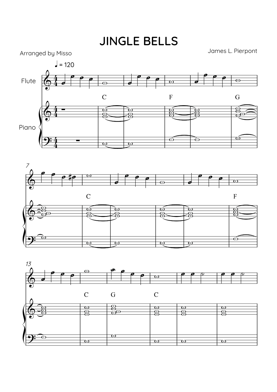 Jingle Bells - Flute & Piano in C Major - Beginner With Chords & Letter Names (arr. MissoRB) von ...