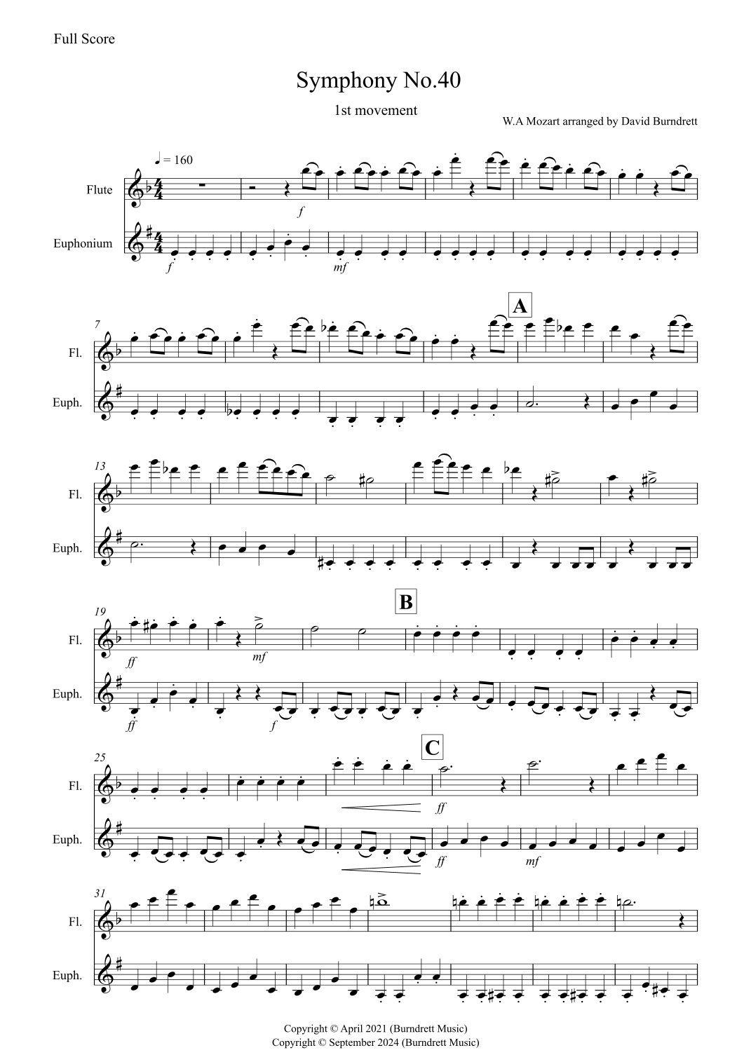 Symphony No.40 (1st movement) for Flute and Euphonium Duet (arr. David ...