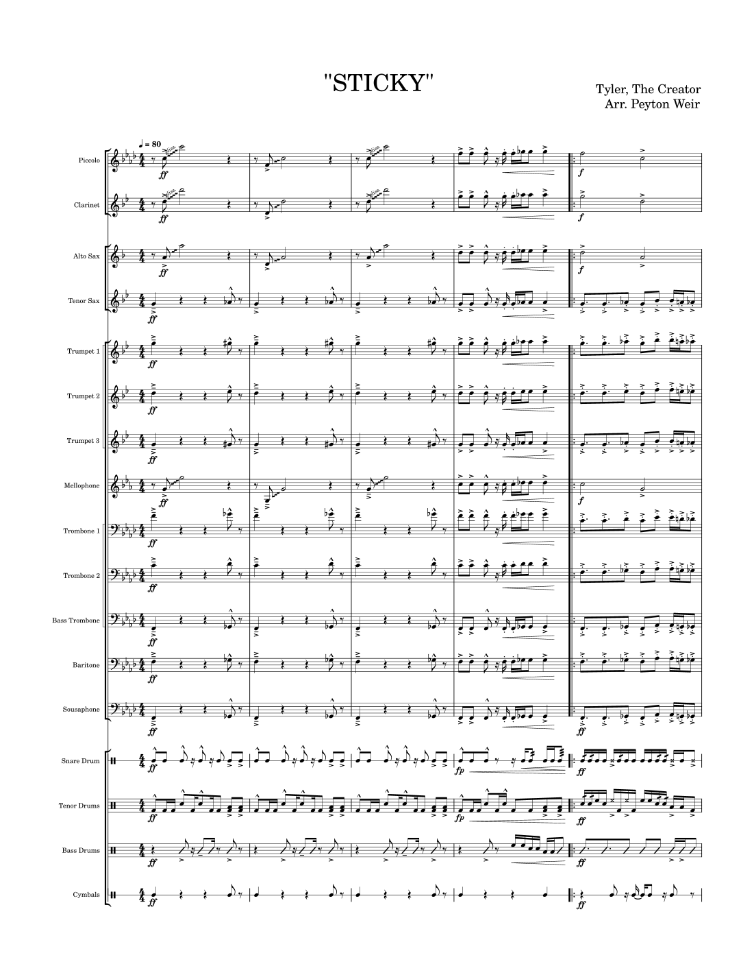 Sticky (arr. Peyton Weir) by tyler the creator Sheet Music for Marching ...