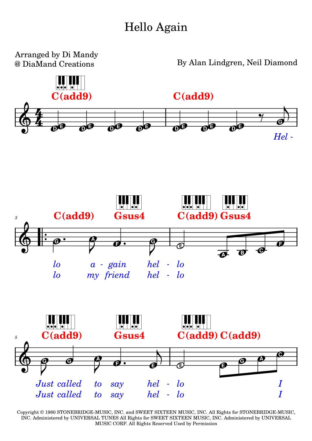 Hello Again (arr. Dianne Mandy) by Neil Diamond Sheet Music for Lead ...