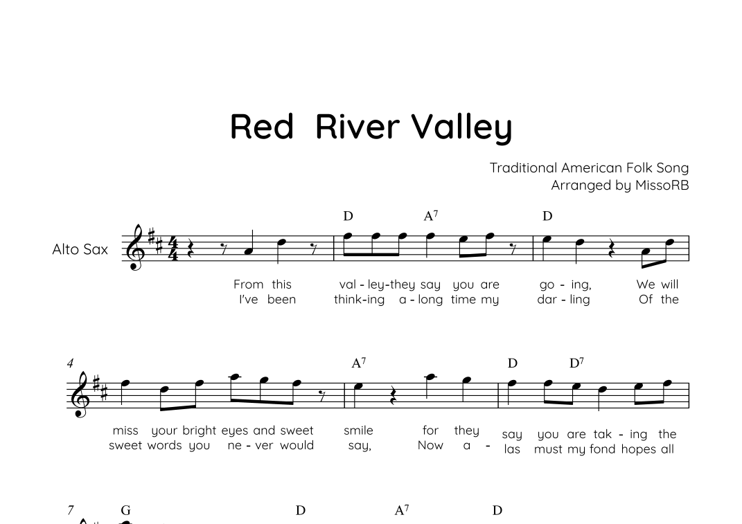 Red River Valley - Alto Sax in F With Chords & Lyric - Easy (arr ...