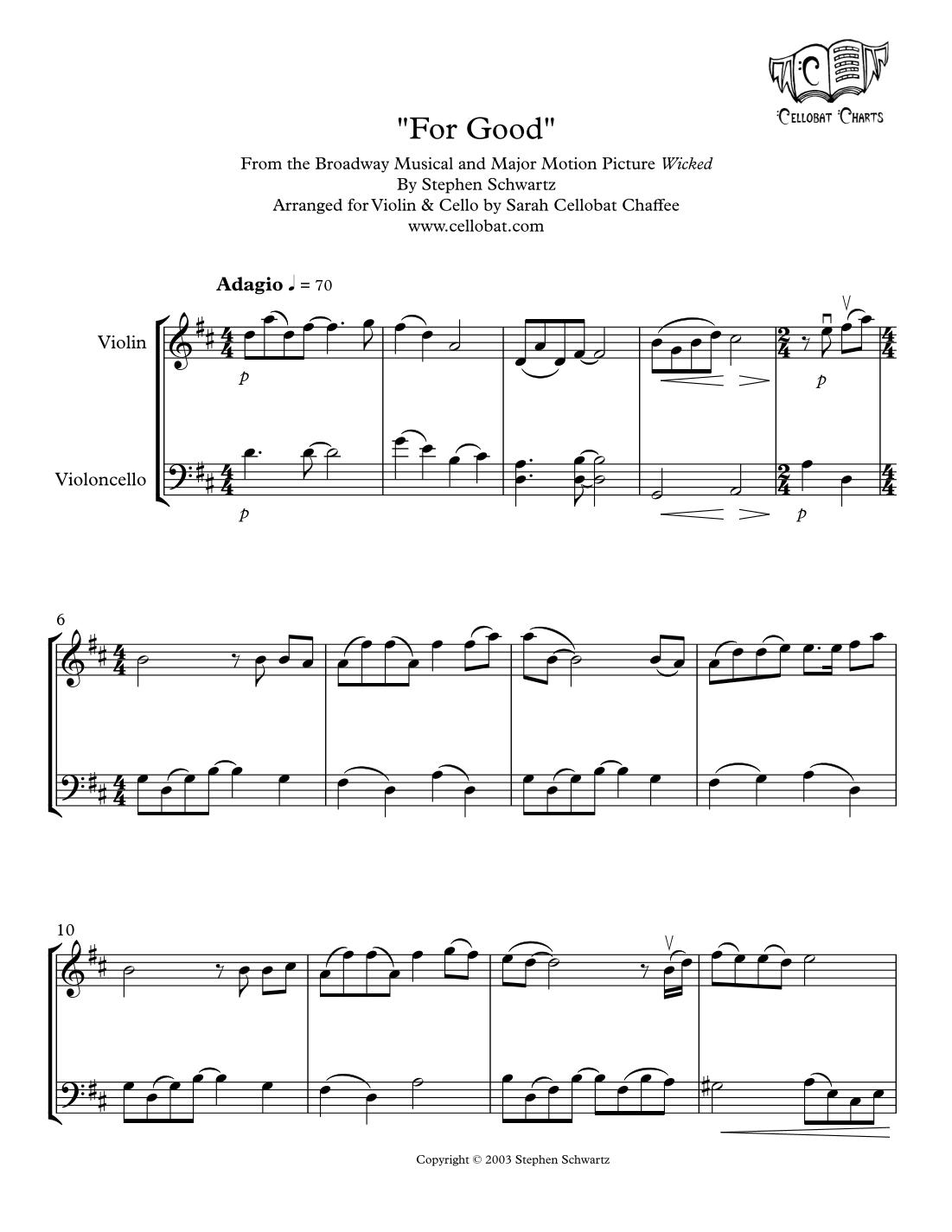 For Good (arr. Sarah Cellobat Chaffee) by Stephen Schwartz Sheet Music ...