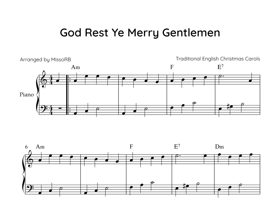 God Rest Ye Merry Gentlemen - Piano in A Minor With Chords - Easy (arr ...