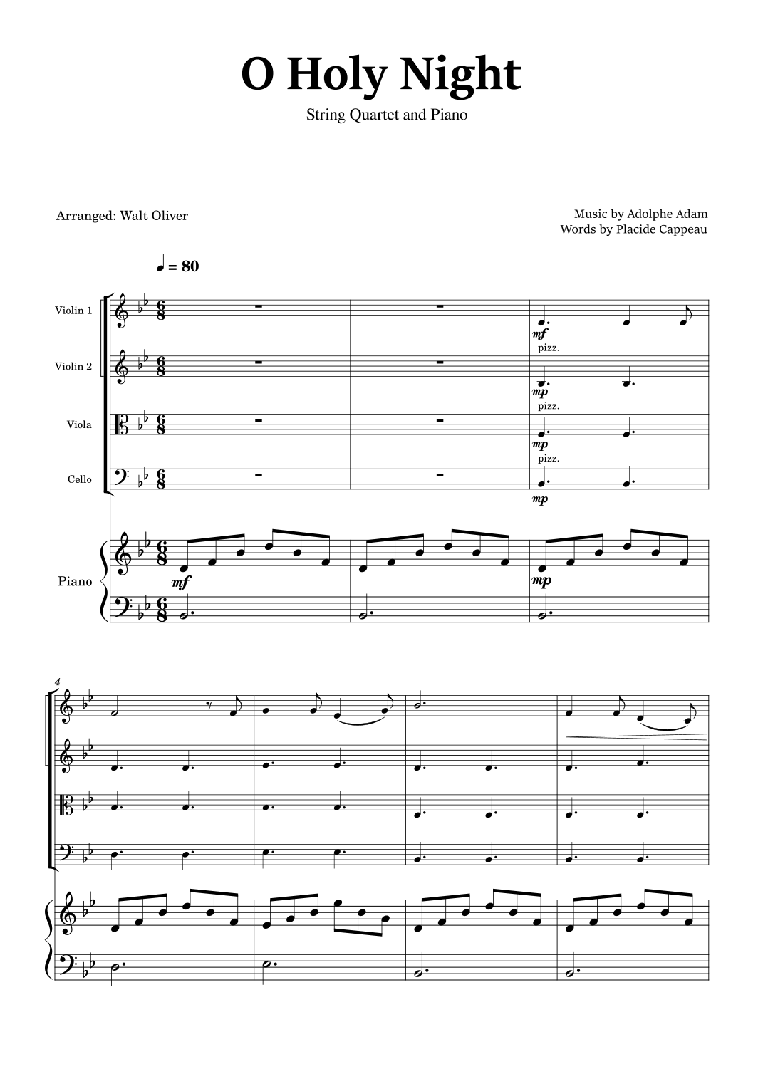O Holy Night - String Quartet and Piano - Easy Intermediate - Bb major ...