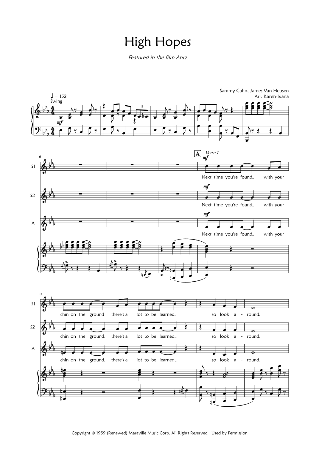 High Hopes by James Van Heusen Sheet Music for SSA Choir (arr. Karen ...
