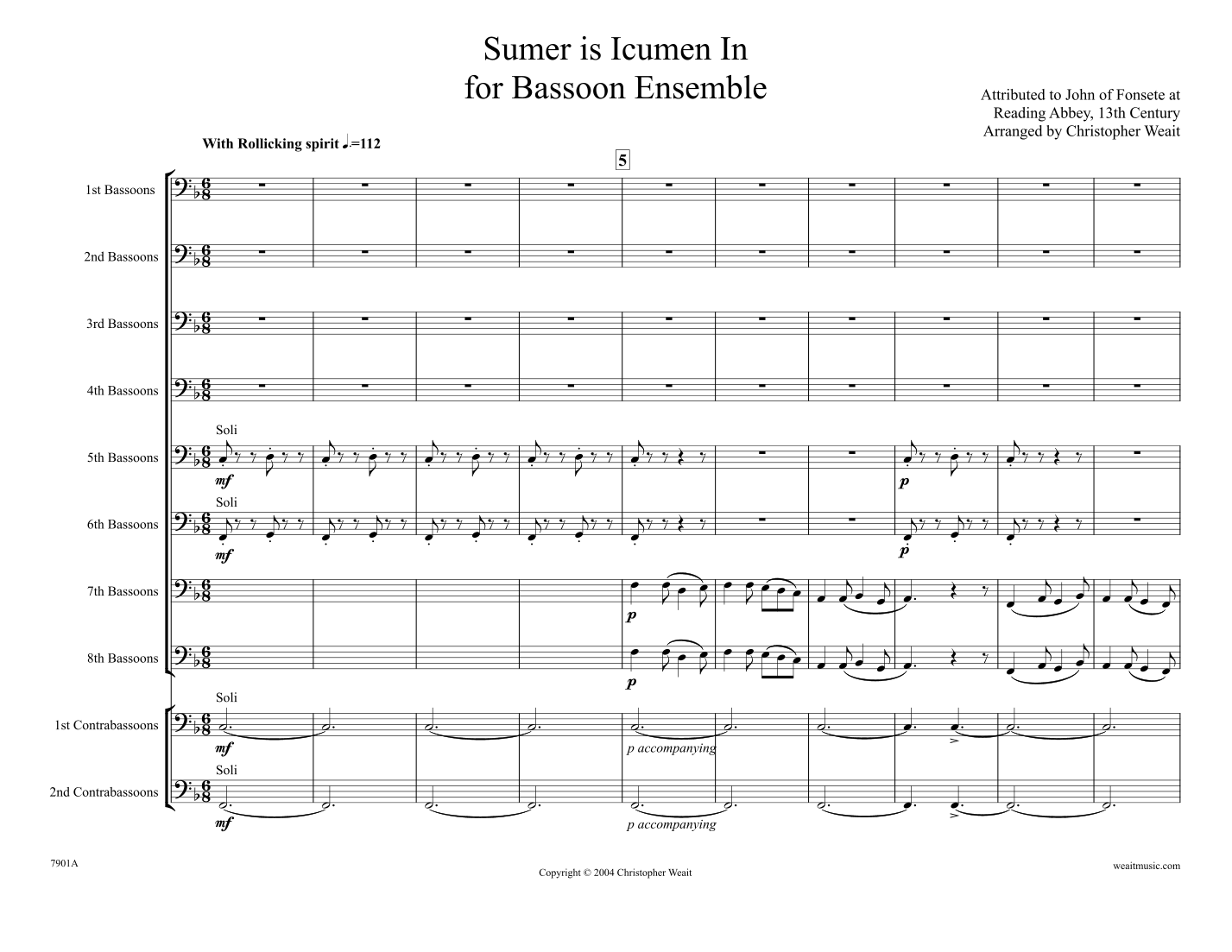 Sumer is icumen in for 8 bassoons & 2 contrabassooons (3’) (arr ...
