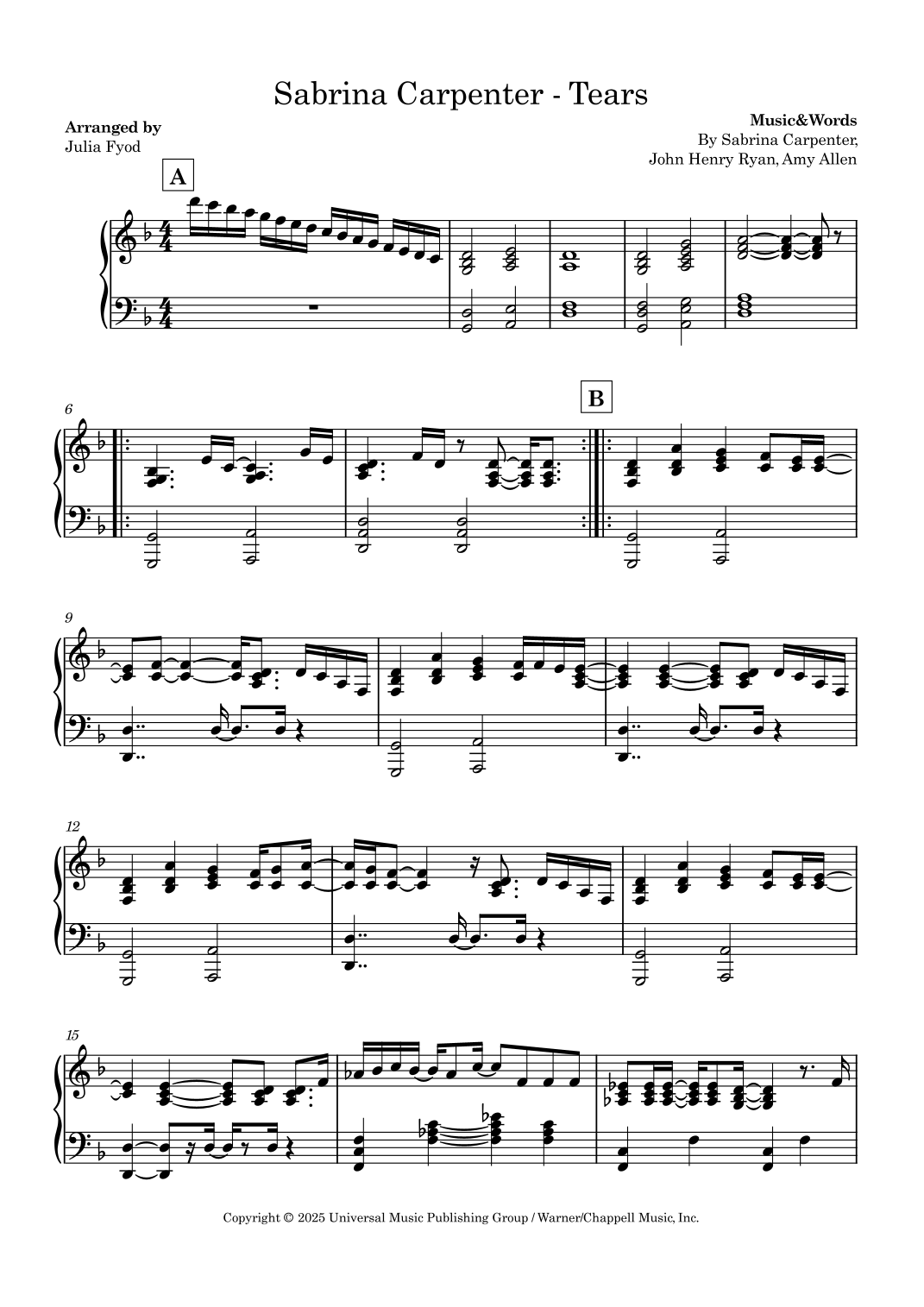 Tears (arr. Julia Fyod) by Sabrina Carpenter Sheet Music for Piano Solo ...