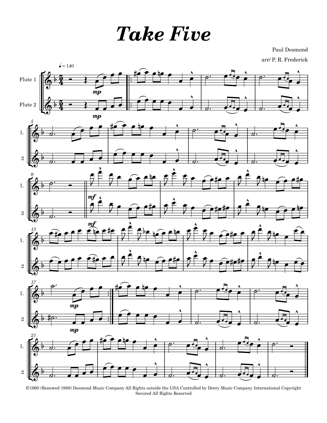 Take Five (arr. P. R. Frederick) by Paul Desmond Sheet Music for Flute ...