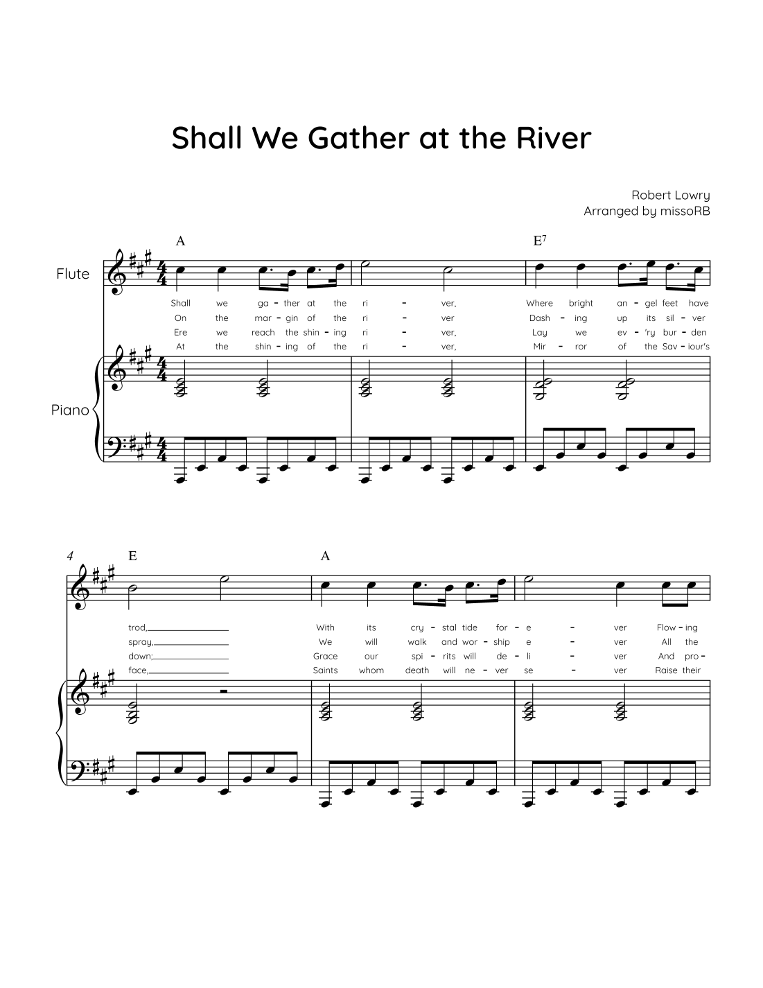 Shall We Gather at the River - Flute & Piano in A With Chords & Lyric ...