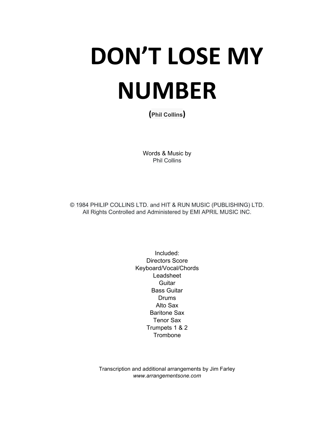 Don't Lose My Number (arr. Jim Farley) by Phil Collins Sheet Music for ...