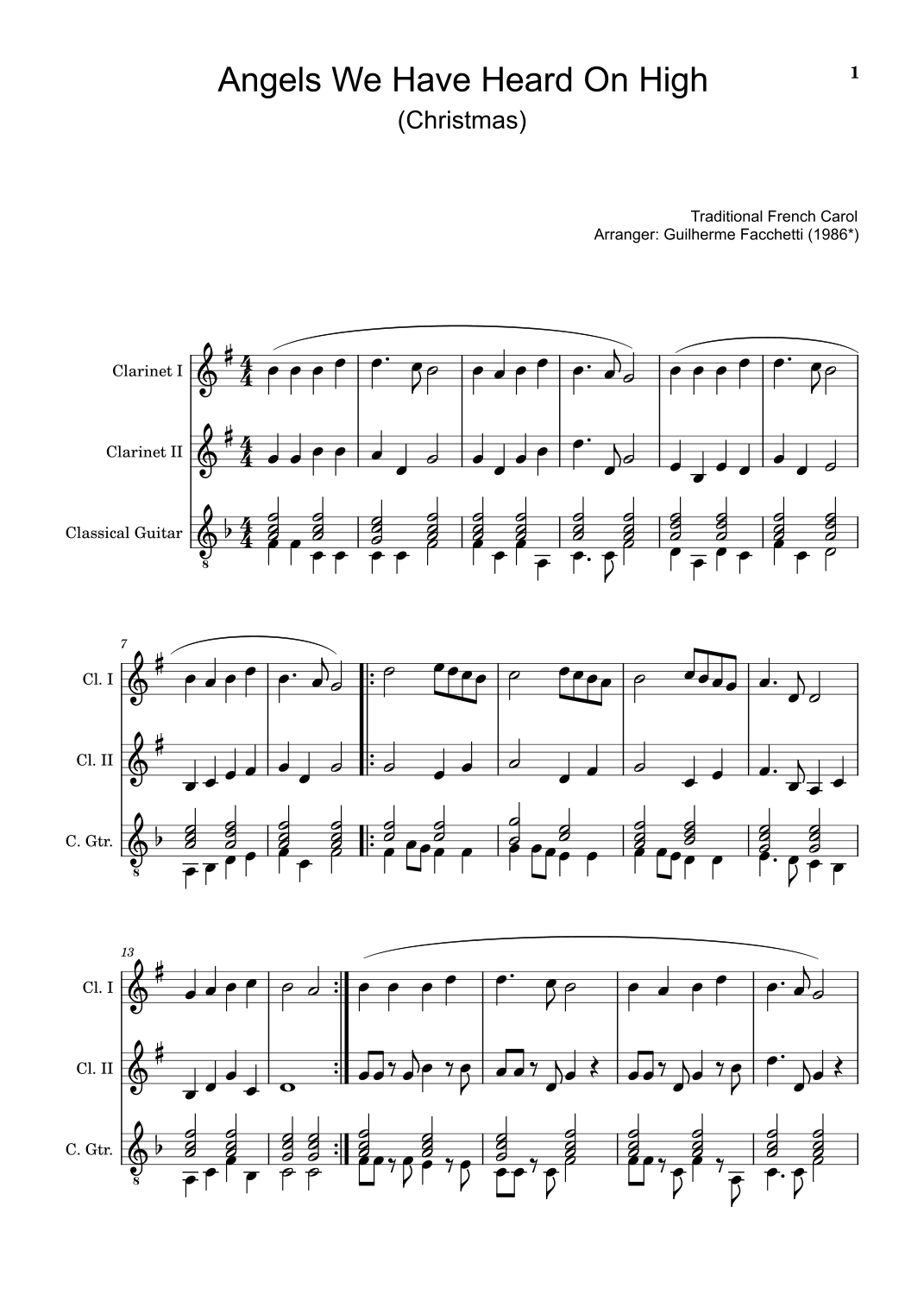 Angels We Have Heard On High - Clarinet Duet and Guitar. With Parts ...