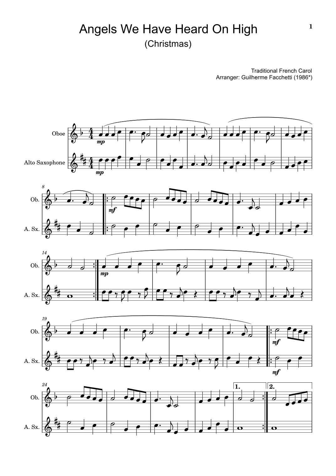 Angels We Have Heard On High - For Oboe and A. Sax. (arr. Guilherme ...