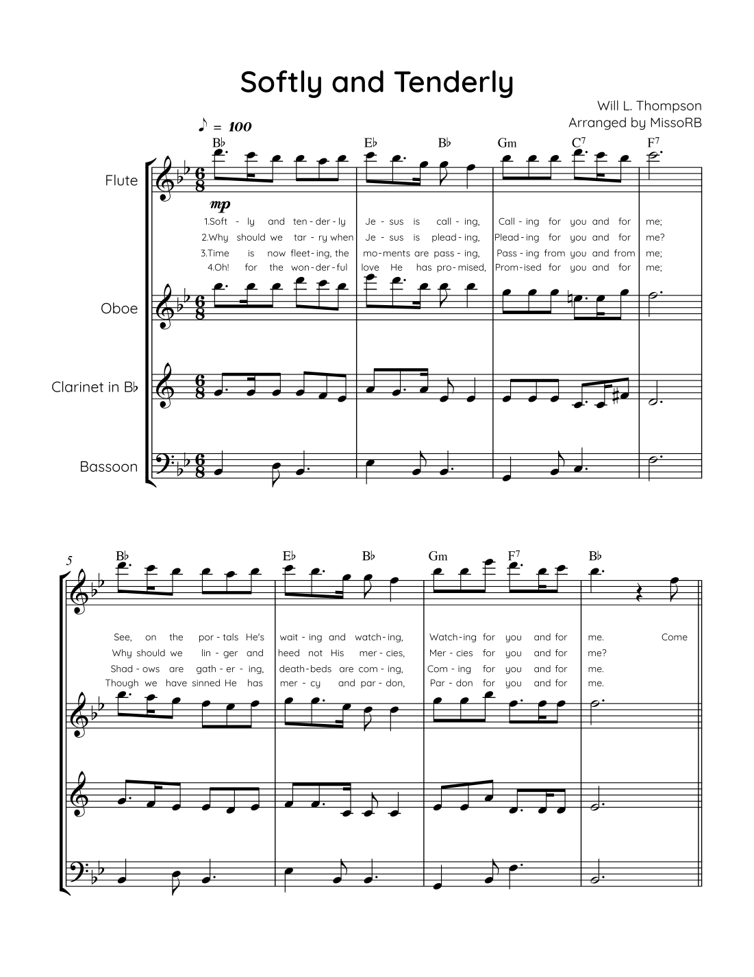 Softly and Tenderly - Woodwind Quartet in Bb With Chords & Lyric - Easy ...