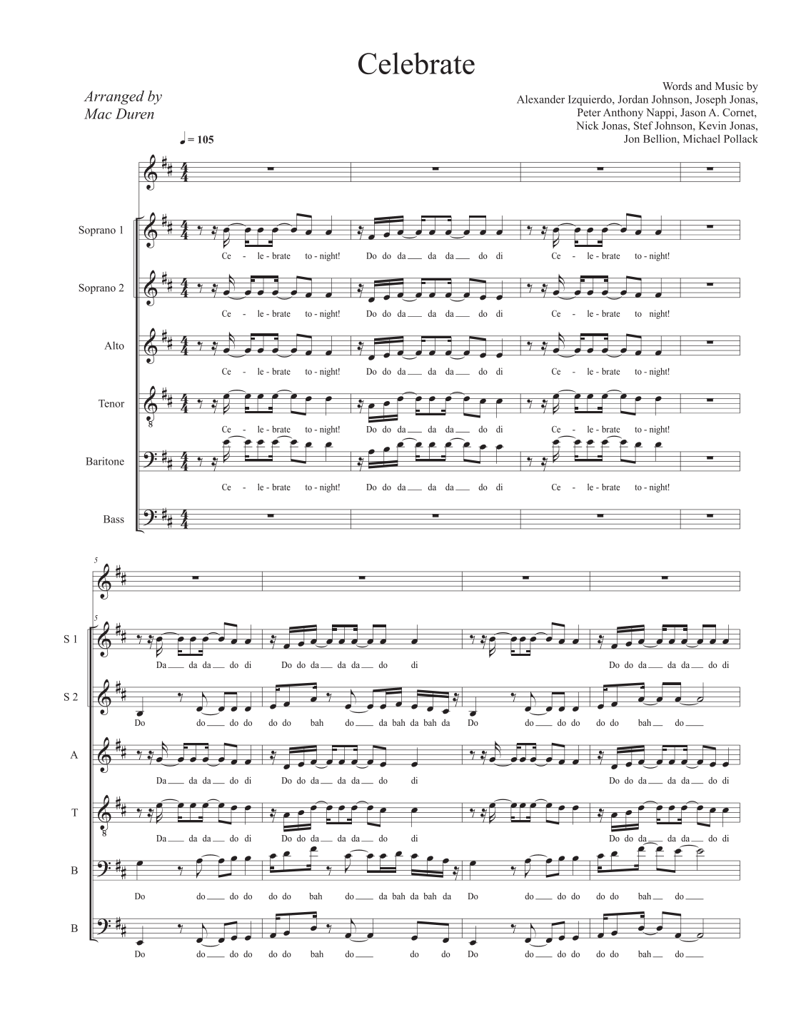 Celebrate! (arr. Mac Duren by Jonas Brothers Sheet Music for SATB ...