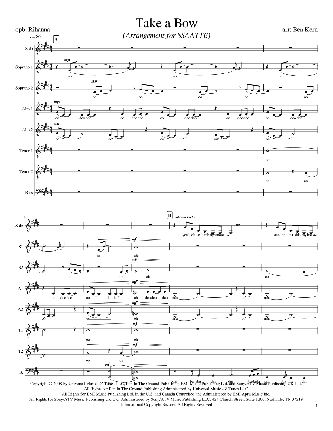 Take A Bow (arr. Ben Kern) by Rihanna Sheet Music for Choir at Sheet ...