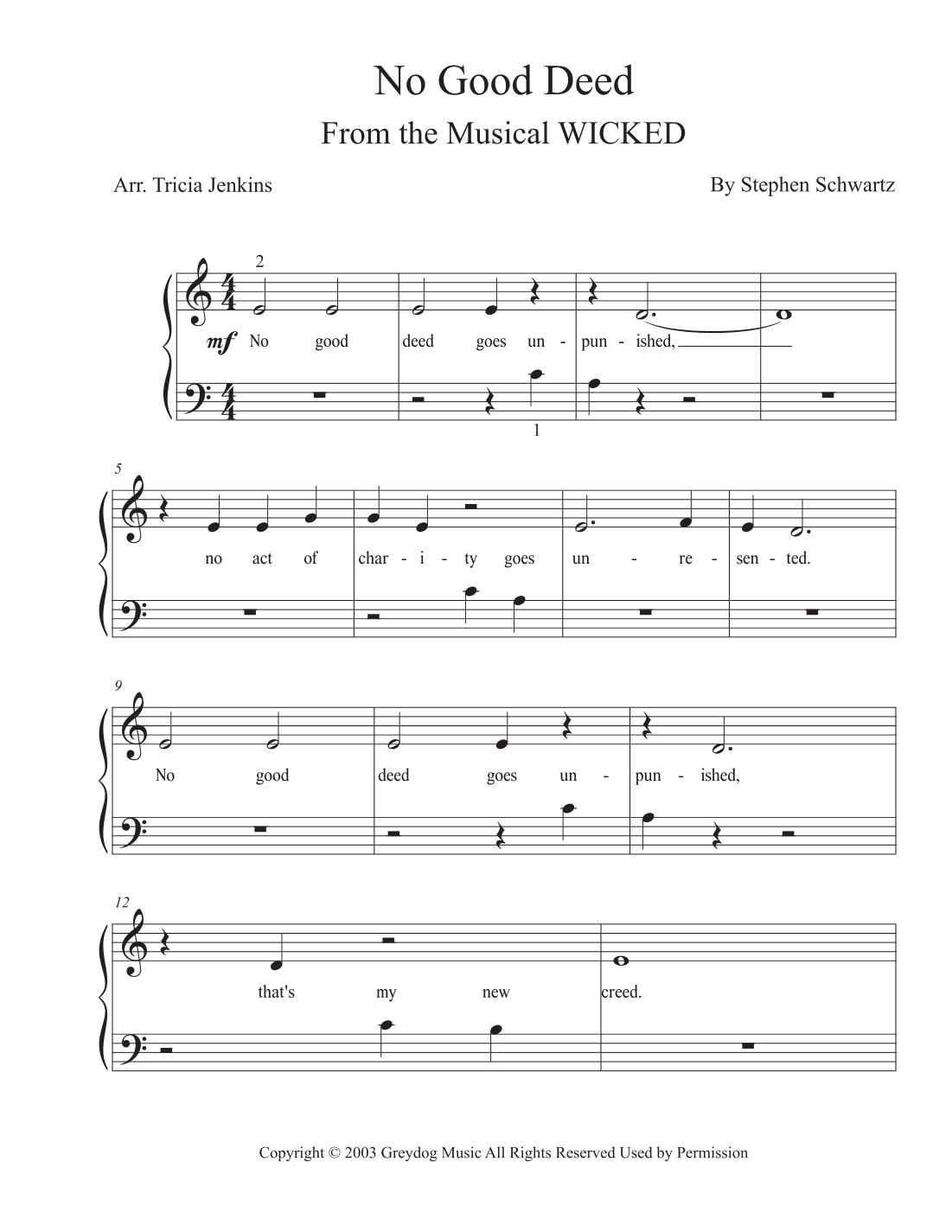 No Good Deed (arr. Tricia Jenkins) by Stephen Schwartz Sheet Music for ...
