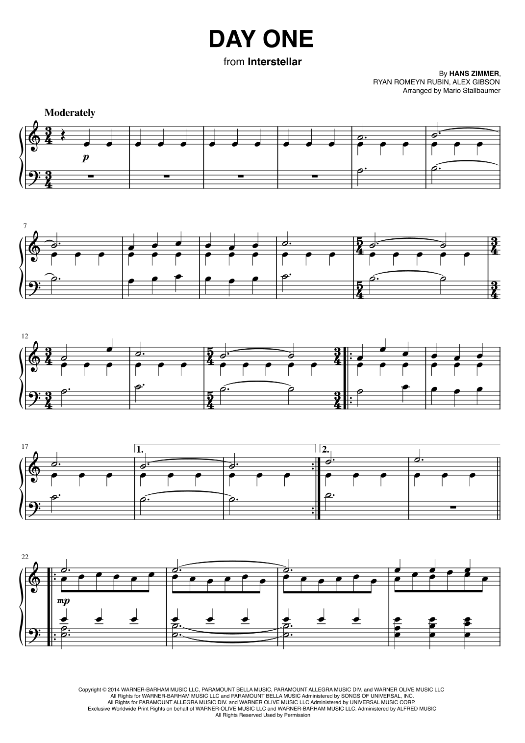 Day One (arr. Mario Stallbaumer) by Hans Zimmer Sheet Music for Piano ...