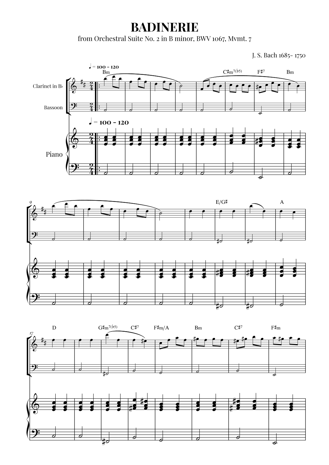 Badinerie (BWV 1067) - Easy Clarinet, Bassoon and Piano (with Chords ...