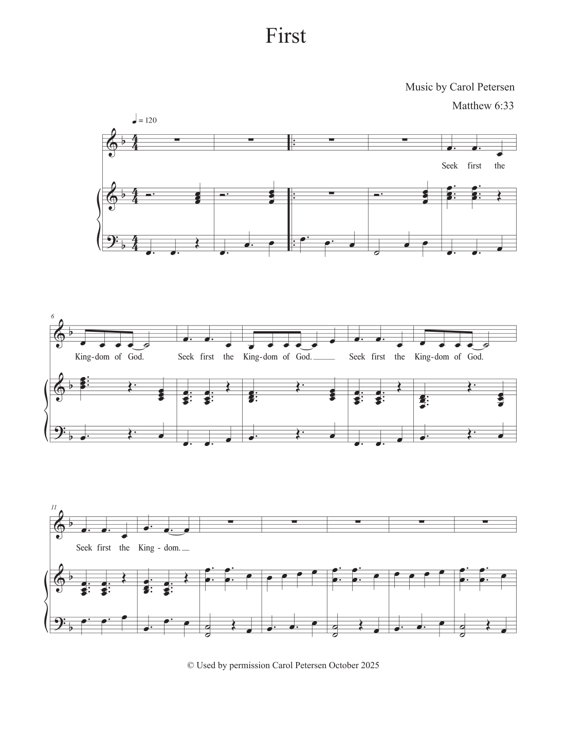 First by Carol Petersen Sheet Music for Unison Choir at Sheet Music Direct