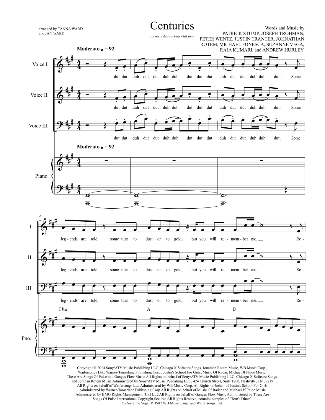 Centuries (arr. Tanna Ward and Jan Ward) by Fall Out Boy Sheet Music ...