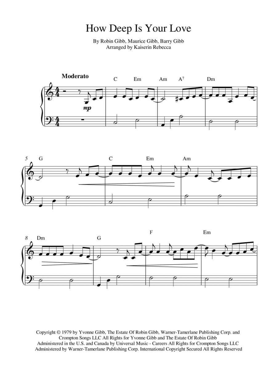 How Deep Is Your Love arr Kaiserin Rebecca Sheet Music The Bee