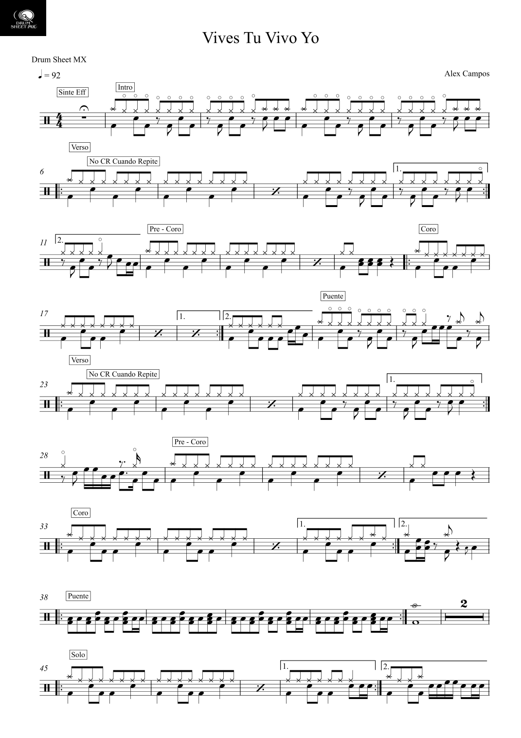 Vives Tu Y Vivo Yo (arr. Drum Sheet MX) by Alex Campos Sheet Music for ...