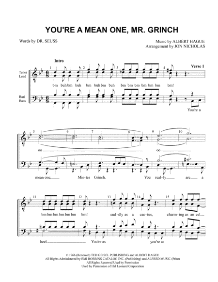 You're A Mean One, Mr. Grinch by Albert Hague Sheet Music for TTBB ...