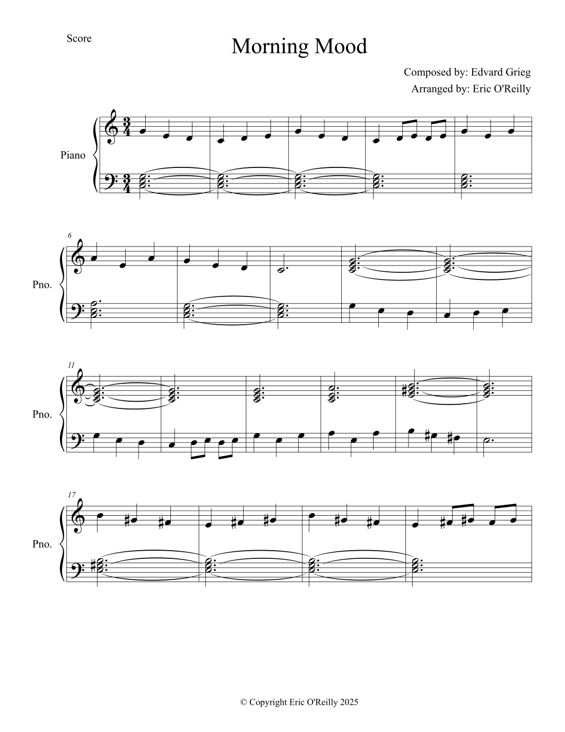 Morning Mood (arr. Eric O'Reilly by Eric O'Reilly Sheet Music for Piano ...