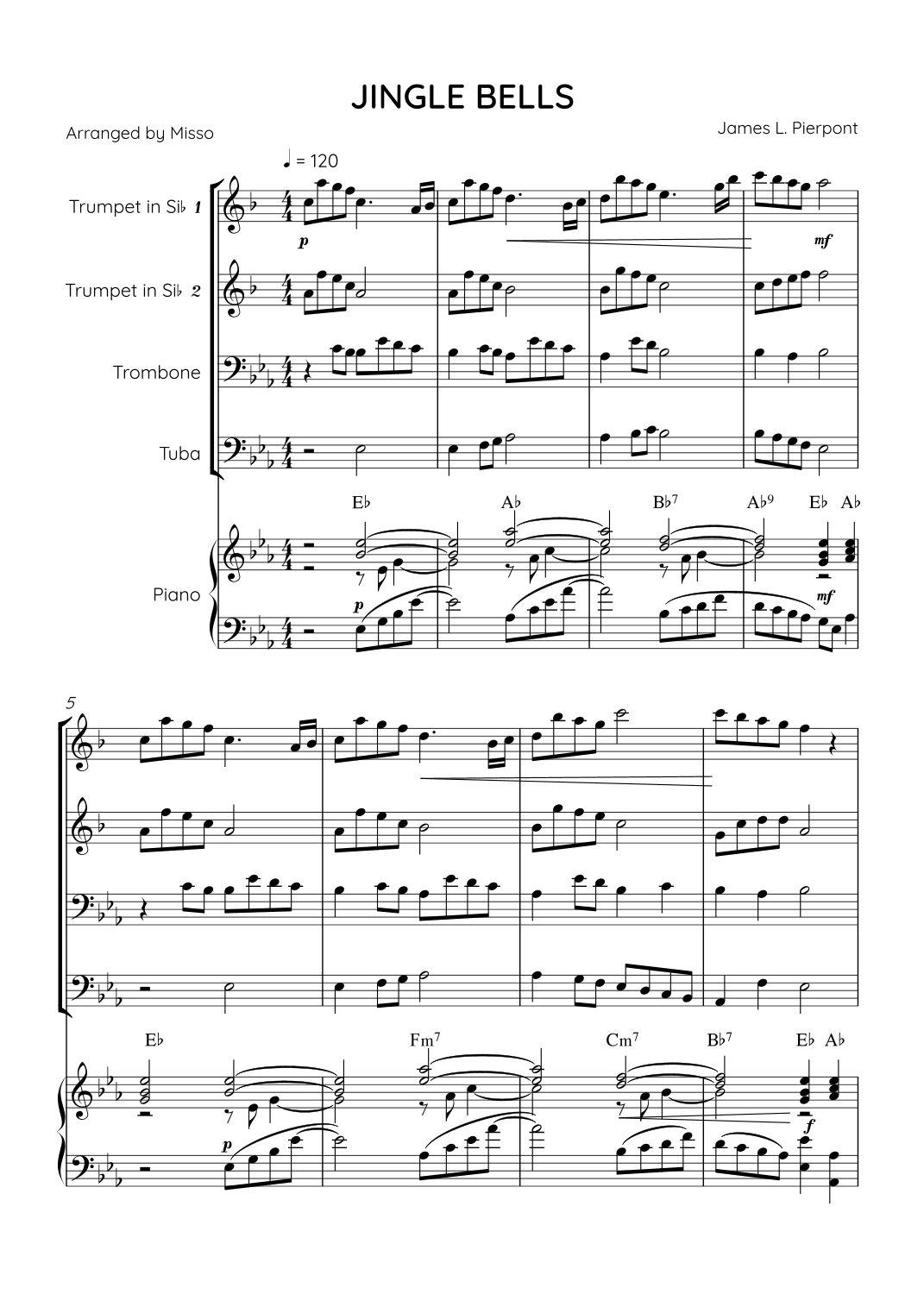 Jingle Bells - Brass Quartet & Piano in Eb Major - Intermediate (arr. MissoRB) by James L ...