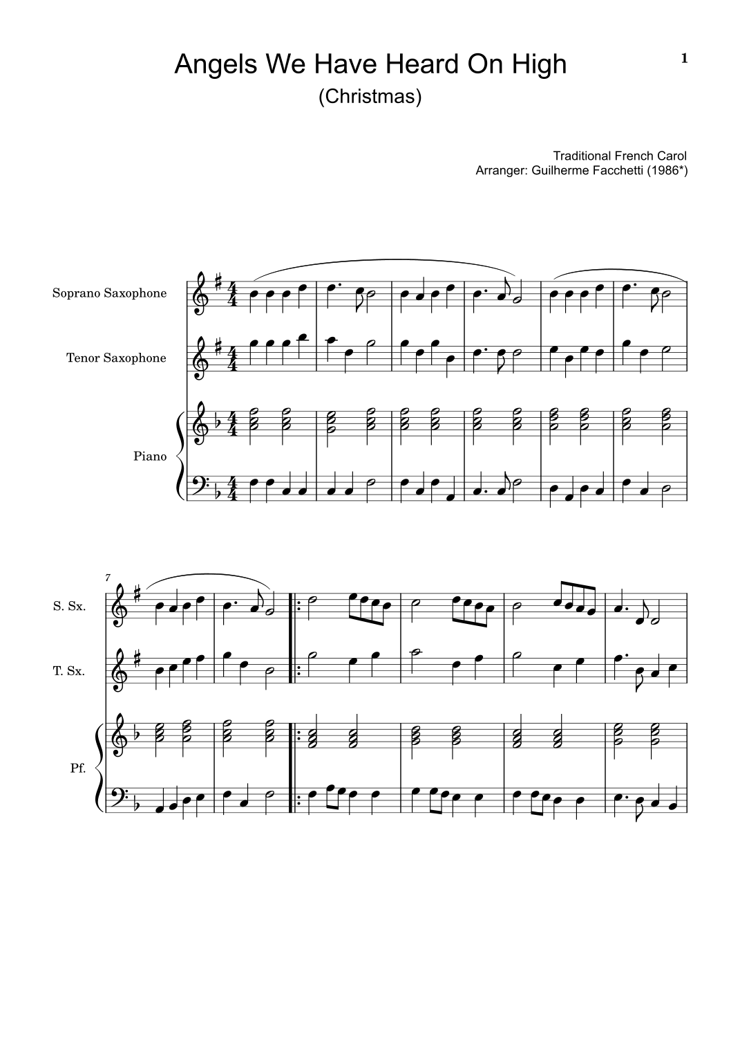Angels We Have Heard On High - S. Sax., T. Sax. and Piano. With Parts ...