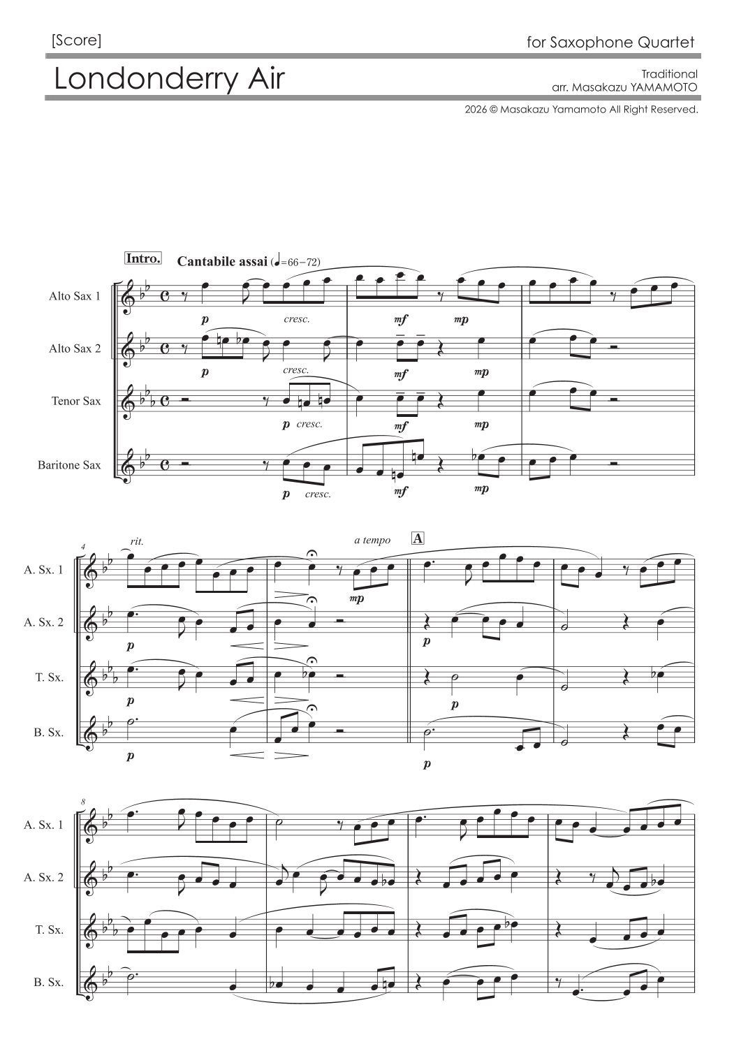 Londonderry Air (Danny Boy) [Saxophone Quartet (AATB)] - Score Only ...