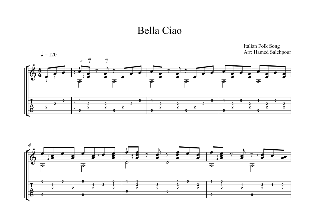 Bella Ciao (arr. Hamed Salehpour) by Hamed Salehpour Sheet Music for Solo Guitar at Sheet Music ...