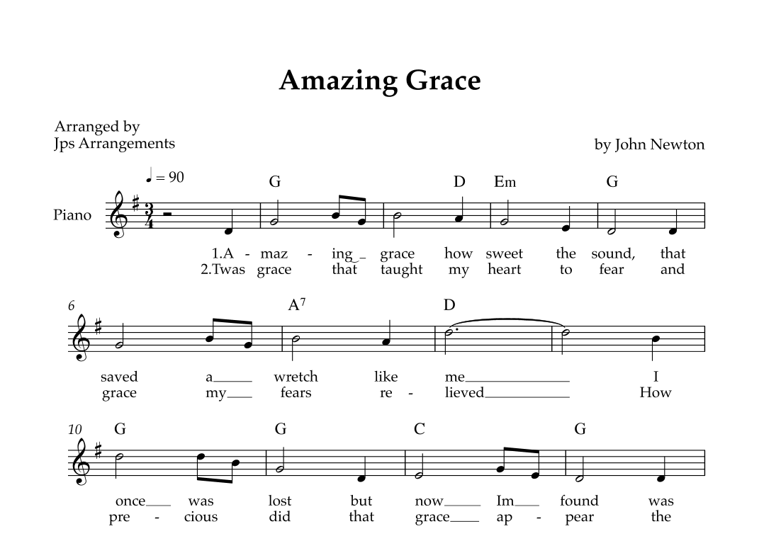 Amazing Grace - Easy Piano in G Major (arr. Jps Arrangements) by John ...
