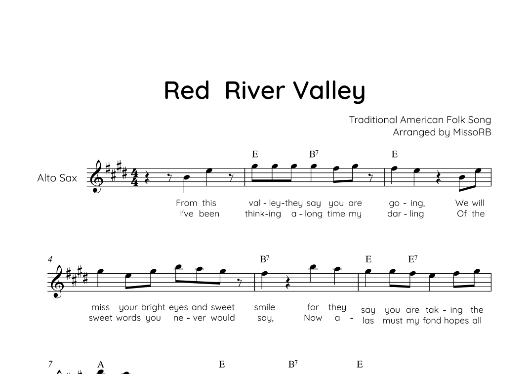 Red River Valley - Alto Sax in G With Chords & Lyric - Easy (arr ...