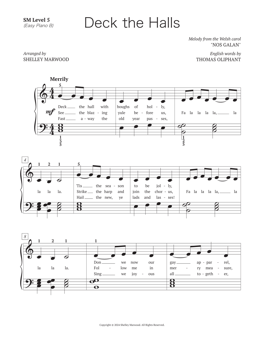 Deck the Halls - Easy Piano B (arr. Shelley Marwood) by Words by Thomas ...