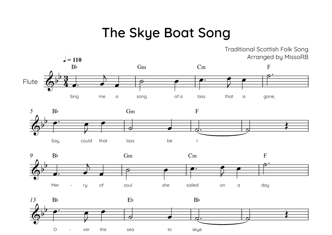 The Skye Boat Song - Flute in Bb With Chords & Lyric Lead Sheet - Easy ...