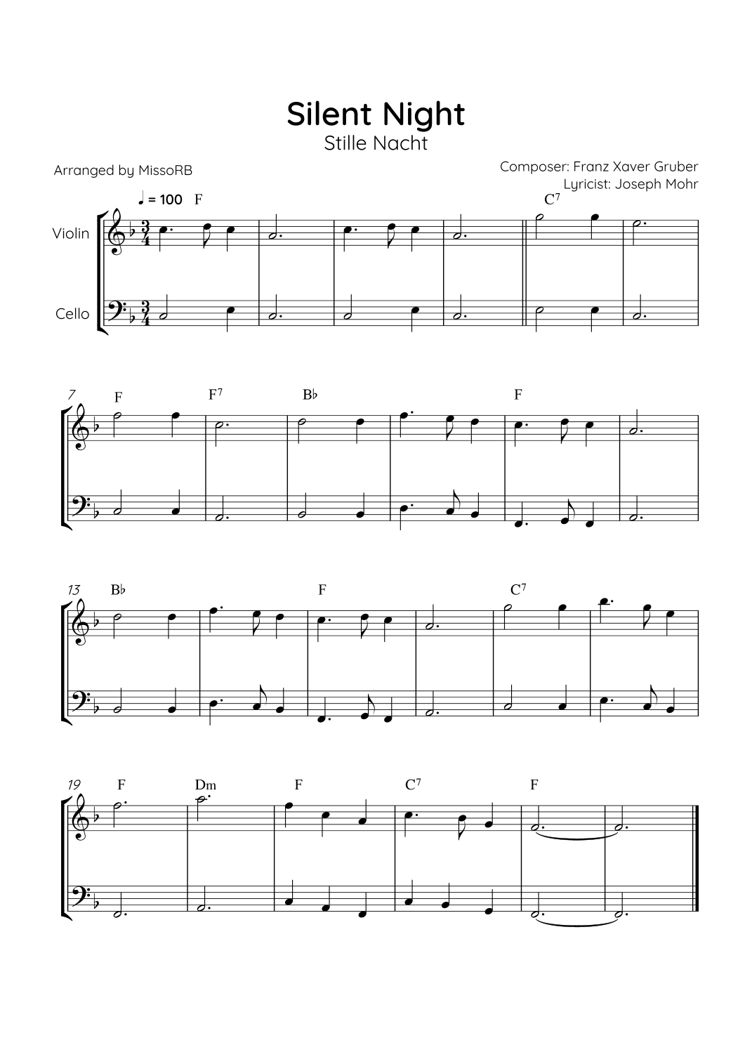 Silent Night" (Stille Nacht) - Violin e Cello in F Major With Chords ...