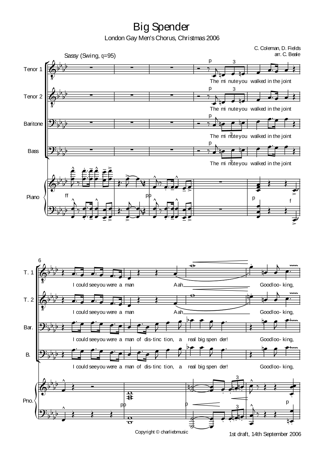 Big Spender (arr. Charles Beale) by Peggy Lee Sheet Music for TTBB ...